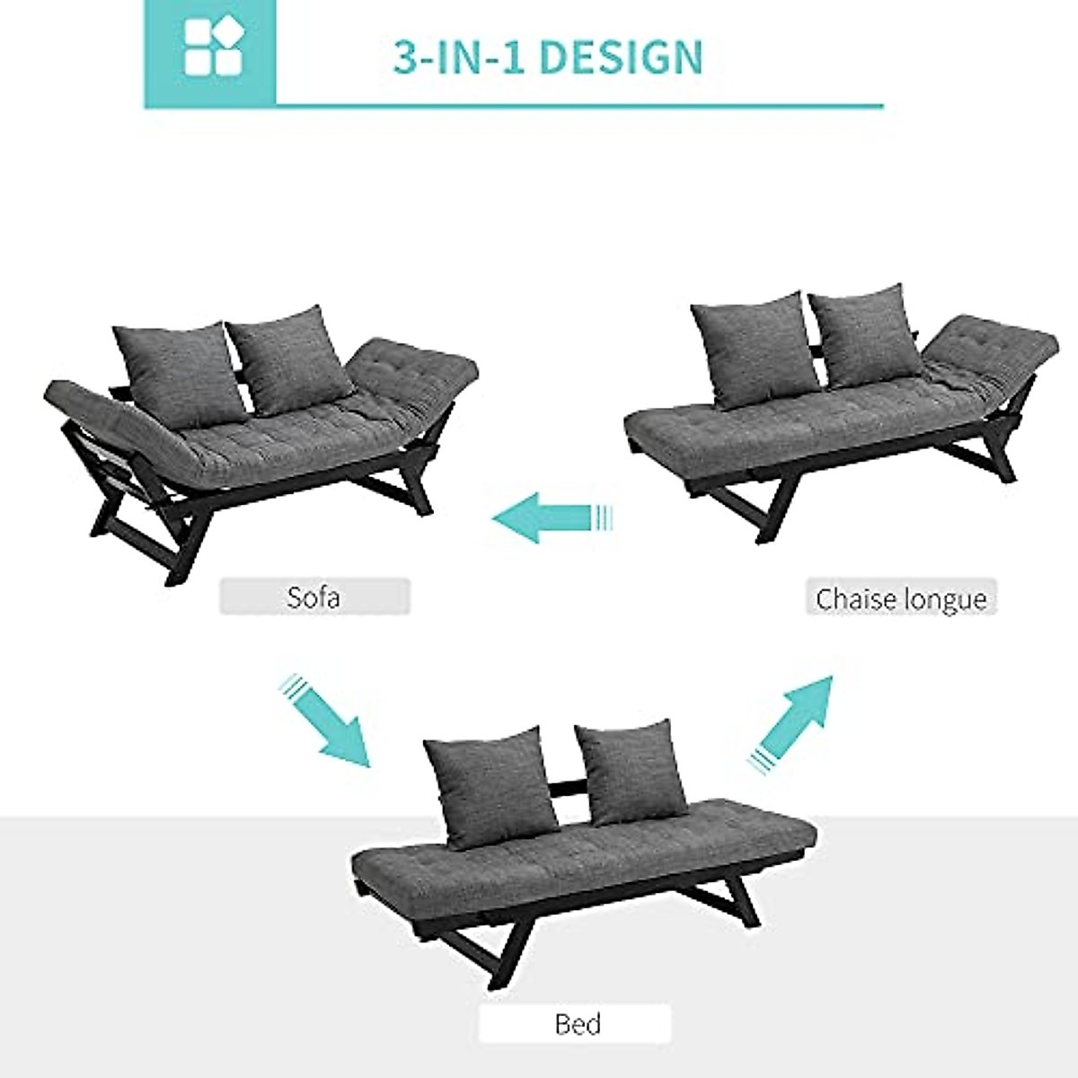 HOMCOM Single Person 3 Position Convertible Chaise Lounger Sofa Bed with 2 Large Pillows and Oak Frame, Dark Gray