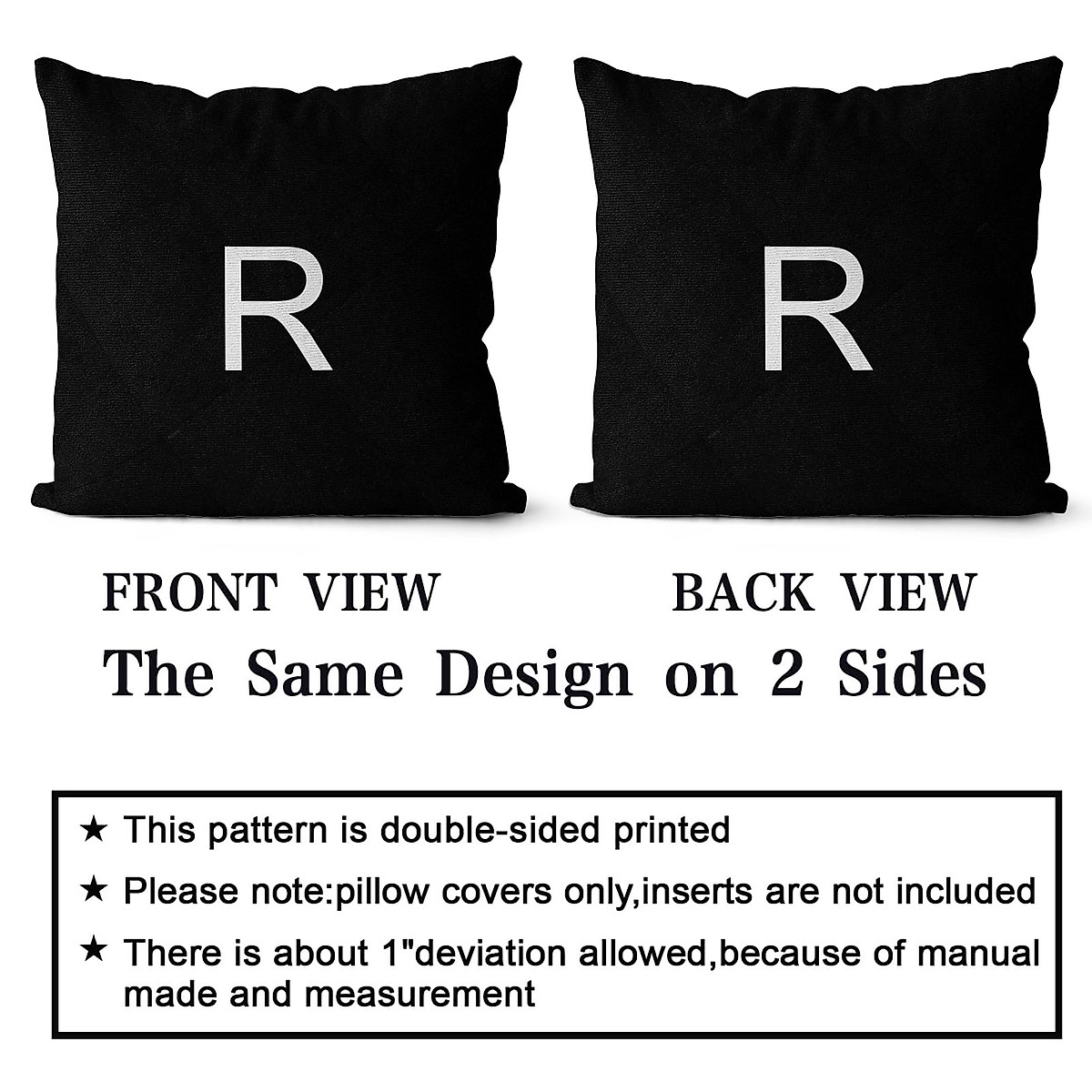 Snycler Black Pillow Cover Set of 2 Throw Pillow Case English Alphabet R 18x18 Inch Soft Throw Pillow Case Modern Cushion Cover Square Pillowcase Decoration for Sofa Bed Chair Car
