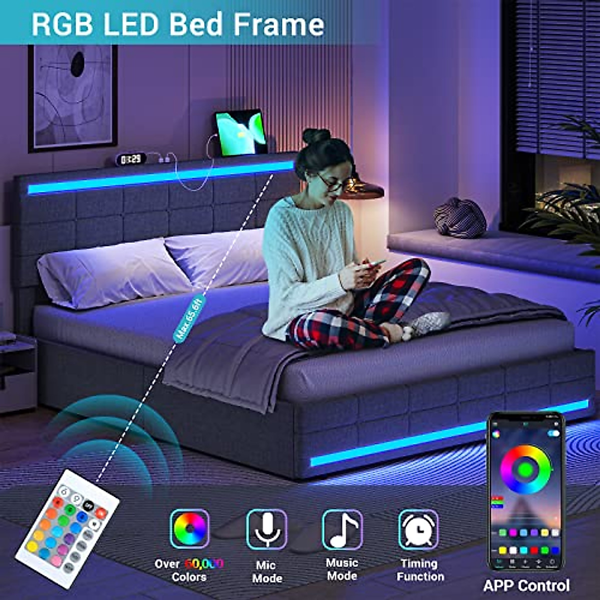 Tiptiper LED Bed Frame Queen Size with 2 USB Ports, LED Headboard & Footboard,Platform Bed Frame Queen Size with Storage Drawers, No Box Spring Needed, Easy Assembly, Dark Grey