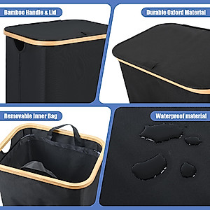 YOKAMIRA Laundry Hamper with Lid，110L Large Laundry Hamper with Handle, Lid and a Removable Laundry Bag Laundry Baskets for Bedrooms - Bamboo Bathroom Tall Laundry Bin (Black)