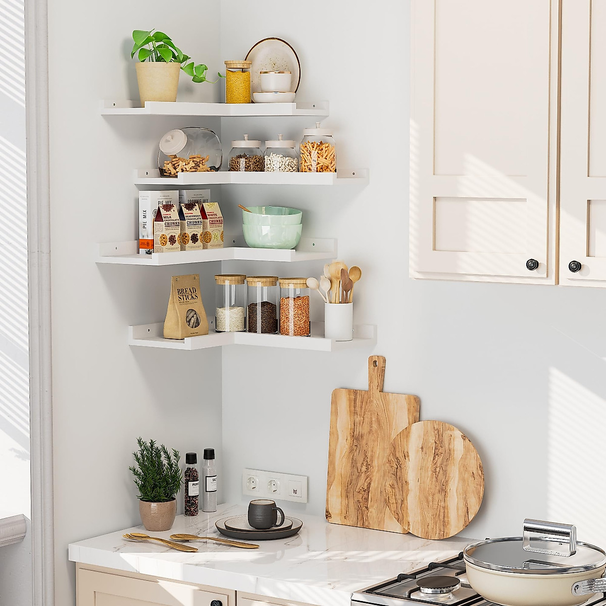 4 Tier Corner Wall Shelf, Floating Corner Shelves with Lip, White Modern Corner Shelves Wall Mounted, Solid Pine Wood Wall Shelf L shaped shelf for Living Room, Bedroom, Bathroom, Home Storage