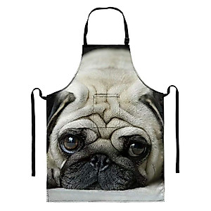 Dellukee Kitchen Adjustable Bib Apron With Pocket Pug Printed Women Men Cute Durable Waterproof Aprons For Home Restaurant BBQ, 36" x 28.6"