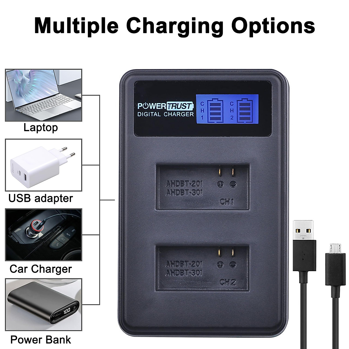 PowerTrust 3Pcs 3.7V 1600mAh AHDBT-301 Battery for GoPro Hero3 AHDBT301 AHDBT-302 AHDBT-201 Li-ion Camera Battery and LCD USB Dual Charger