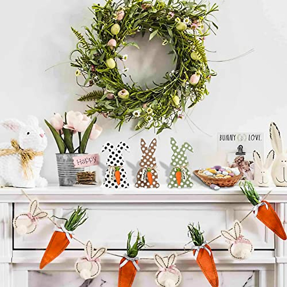 Home Decorations for Home-3 Pcs Spotted Bunny Wooden Sign Decor with Hemp Rope, Rabbit Shape Farmhouse Table Decor for Living Room, Dining Table, Party Desk