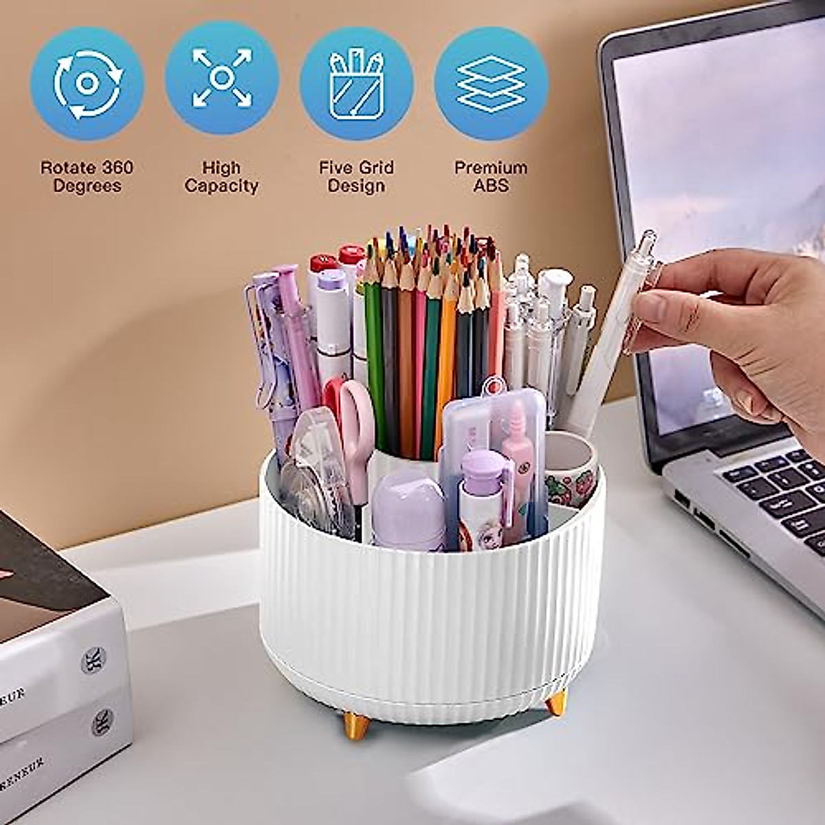 XDRELEC 360 Degree Rotating Pen Holder, Pencil Holder for Desk, Office Desk Organizers and Accessories, Pencil Cup, Pen Organizer，Office Organization and Storage (white)