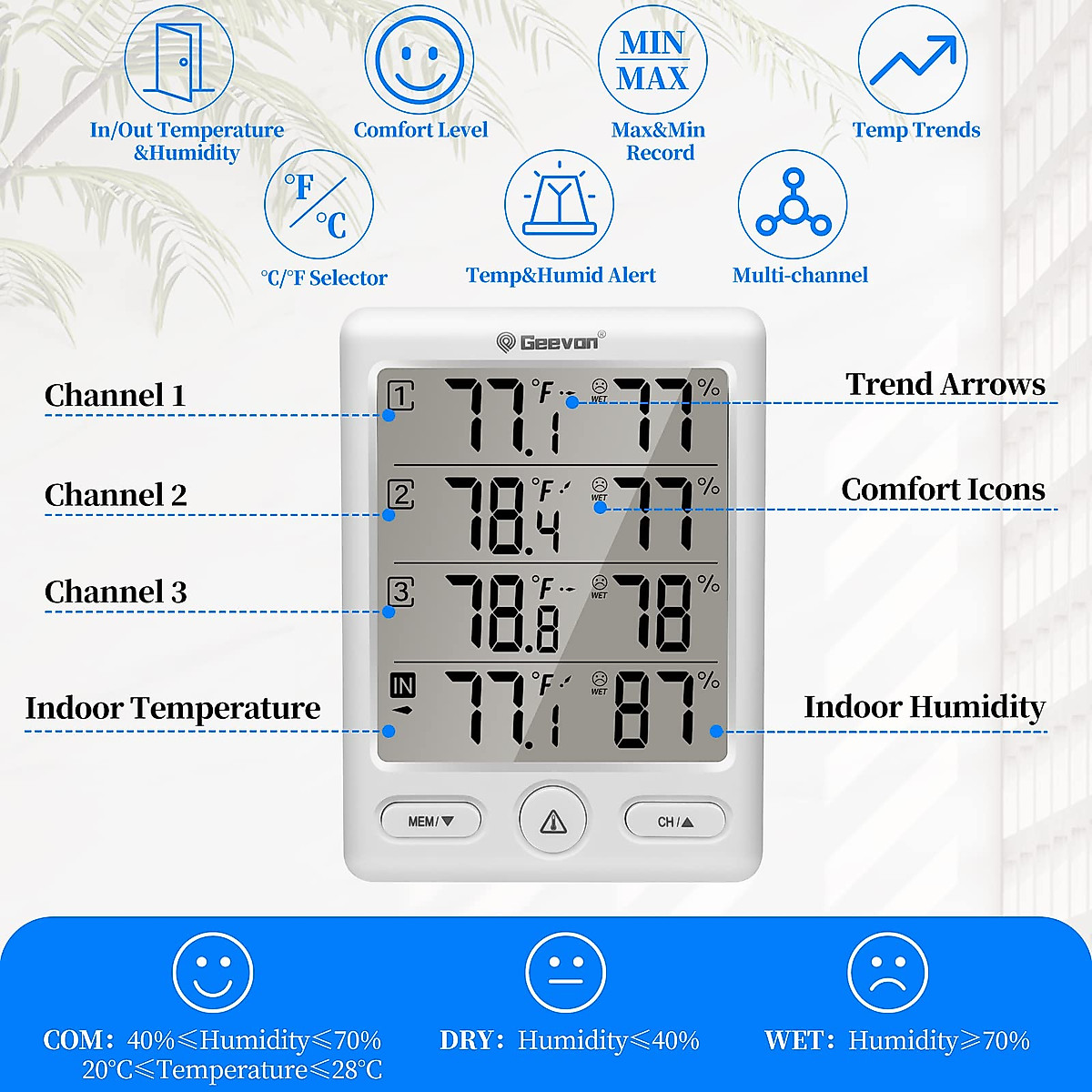 Geevon Indoor Outdoor Thermometer Wireless with 3 Remote Sensors, Digital Hygrometer Indoor Thermometer, Temperature Humidity Monitor Gauge with 200FT/60M Range (White)