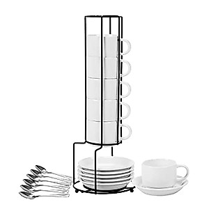 JULKYA SET OF 6 STACKABLE 4OZ IVORY WHITE PORCELAIN ESPRESSO CUPS WITH SAUCERS AND METAL STAND +BONUS STAINLESS STEEL SPOONS - LIGHTWEIGHT CUPS FOR ESPRESSO, LATTE, CAFÉ MACCHIATO, OR TEA
