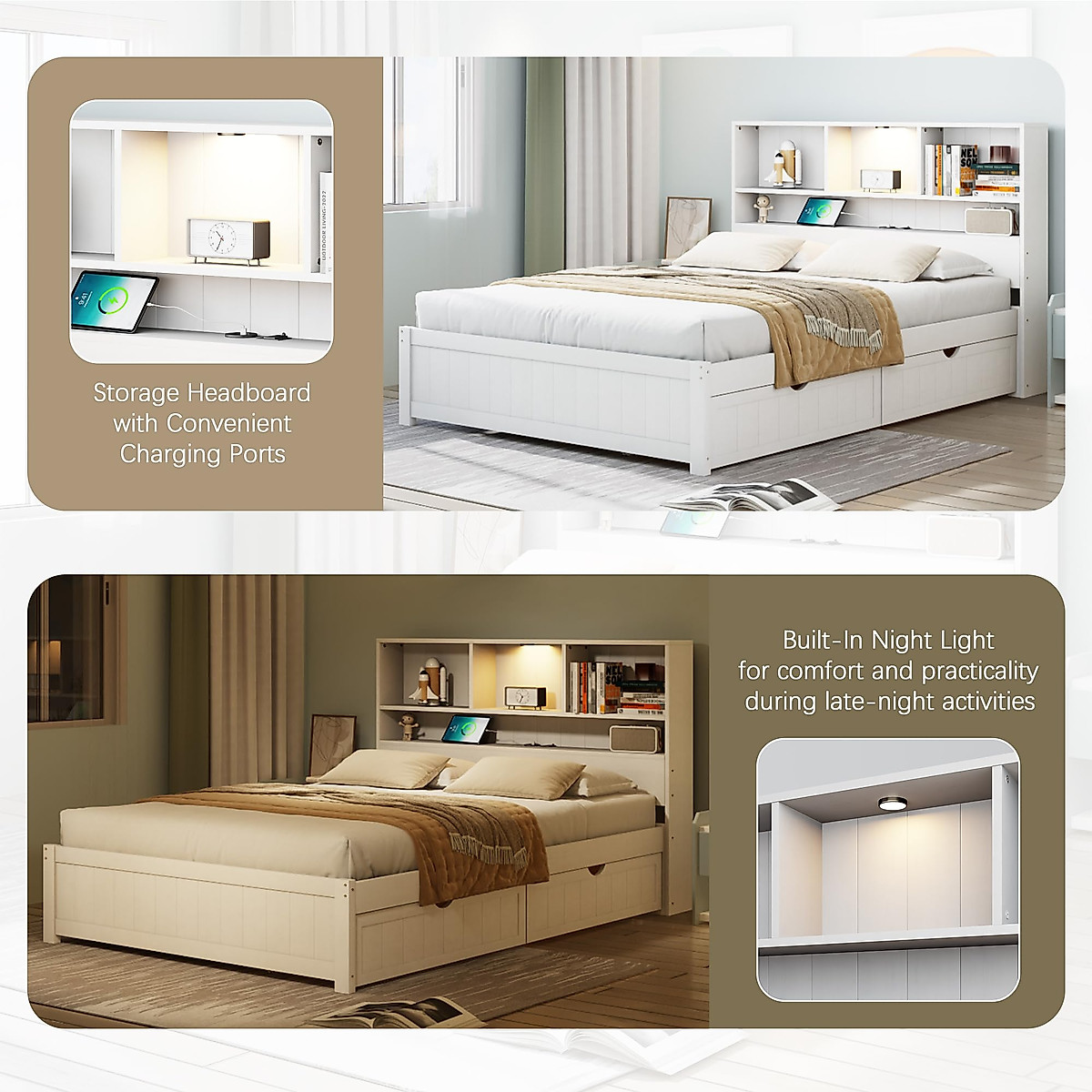 Twin Size Platform Bed with Bookcase Headboard, USB Charging Station and Downlight,Wood Twin Bed Frames with 2 Storage Drawers,Twin Storage Bed Frames for Kids Girls Boys,White