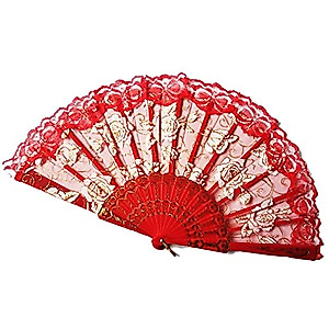 RAZZUM Decorative Folding Fans 1pcs Chinese Style Folding Fan Lace Hand Held Rose Flower Folding Fan Dance Party Wedding Decor Ventilador plegable Christmas fan (Color : Yellow)