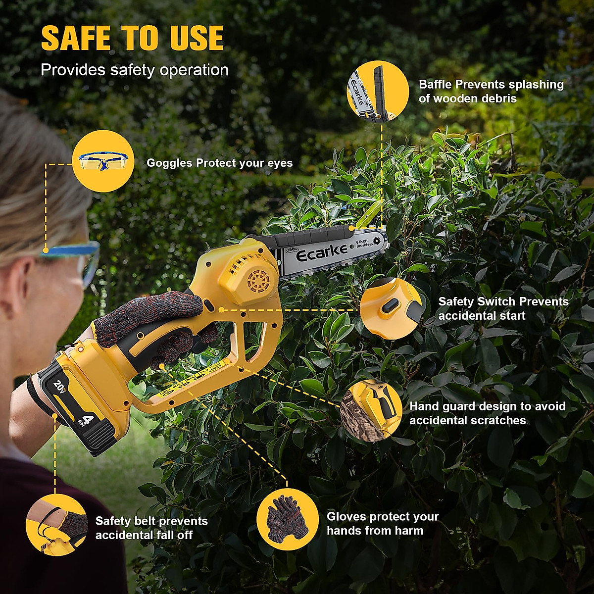 Cordless Power Chainsaw, for DeWALT 20V Max Lithium Battery 6-Inch Hand-held Mini Pruning Saw with Brushless Motor Replacement Chain Wood Cutting Tree Trimming Camping (Battery NOT Included)