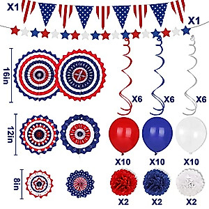 Ivenf Bunny Chorus 4th of July Decorations Set 62pcs: Red White Blue Independence Day Patriotic Decor, Large Paper Fans, Pom Poms, USA Flag Pennant Banner, Balloons, Star Streamer for Memorial Day