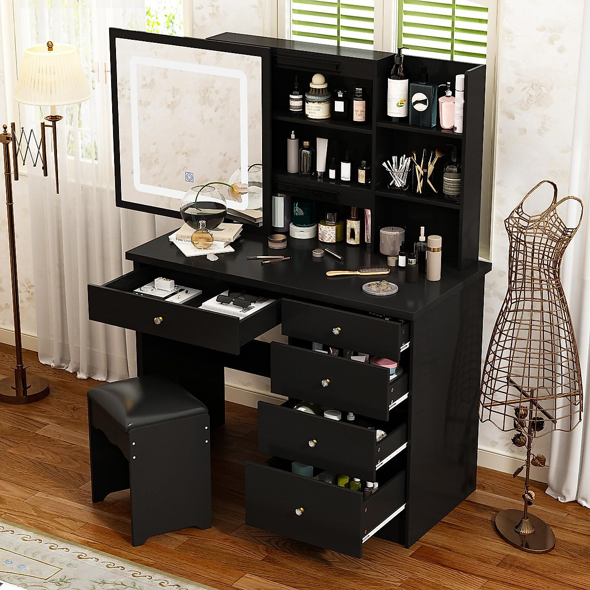 Hitow Vanity Desk Set with Sliding Lighted Mirror, Makeup Vanity with Drawer & Shelf, Dressing Table with Cushion Stool & Hidden Storage for Bedroom, Black