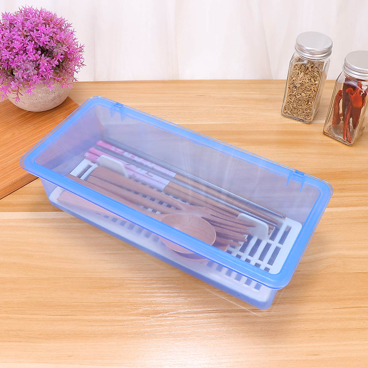 Cabilock Cutlery Flatware Plastic Tray Kitchen Organizers with Lid Kitchen Cutlery and Utensil Drawer Organizer- proof Fork Utensil Storage Container (Blue) Utensil Storage Container