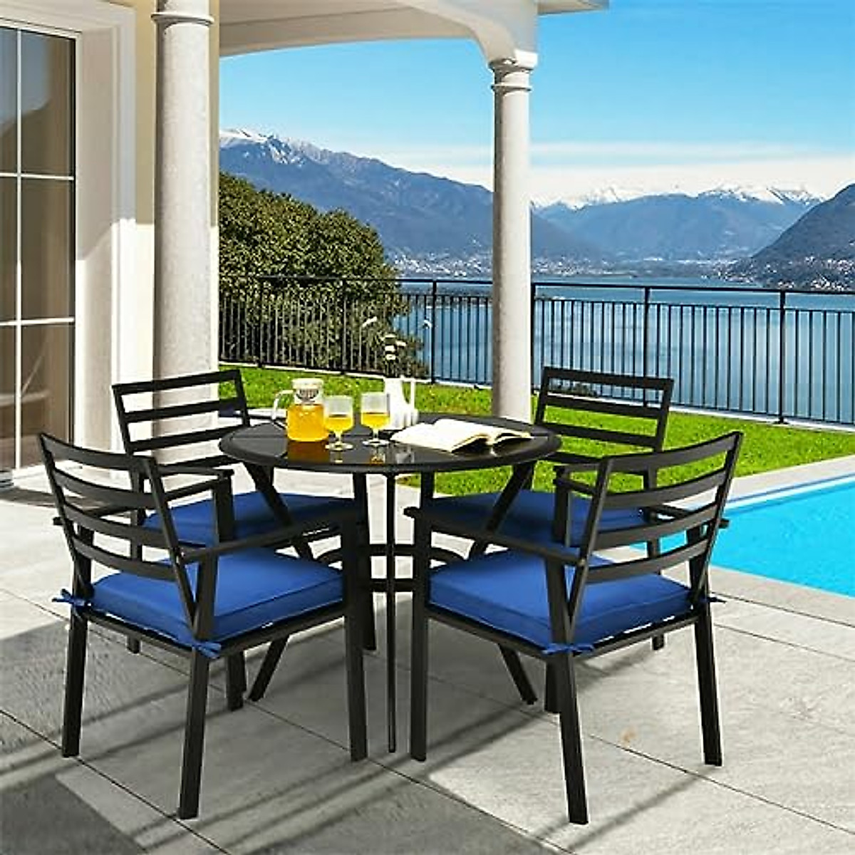 ZLXDP 5PCS Outdoor Patio Dining Chair Table Set Cushioned Sofa Glass Garden