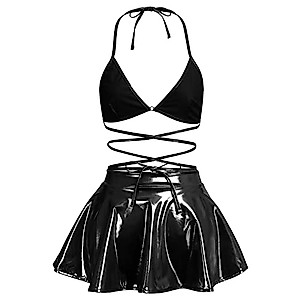 FYMNSI Rave Outfits for Women Music Festival Clothing Metallic Sequins Shiny Halter Bra Mini Skater Skirt Halloween Sexy Lingerie Set Bikini Leather Swimsuits Bathing Suits Clubewar Black - Halter L