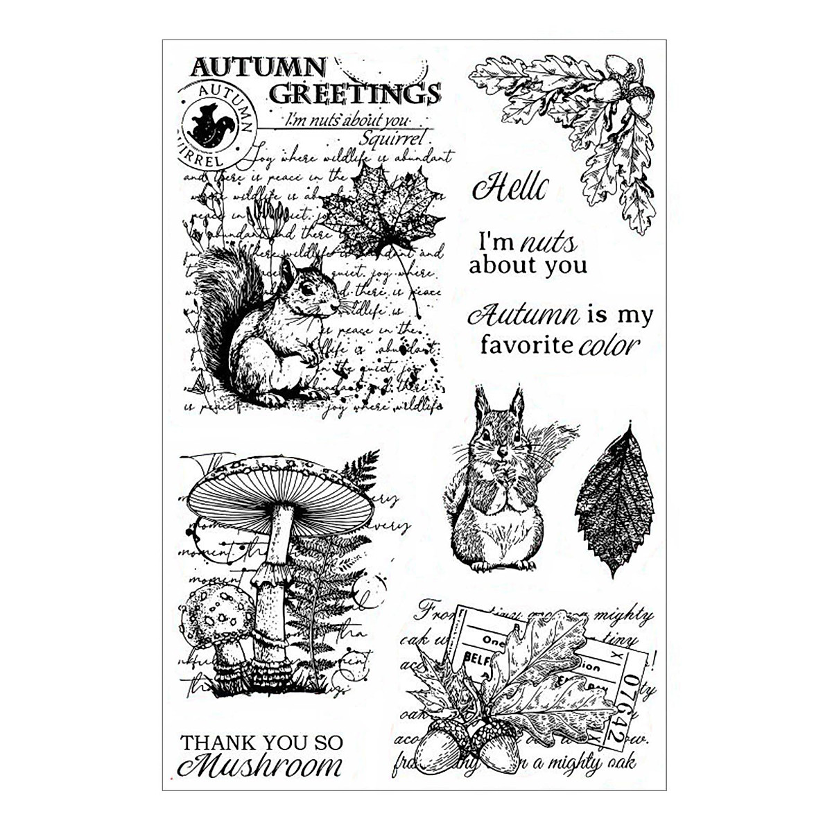 Arbuya Autumn Squirrel Clear Stamps for Journaling or Card Making, Nuts Mushroom Sentiment Rubber Stamps for Journals Planners Scrapbooking Paper Crafting