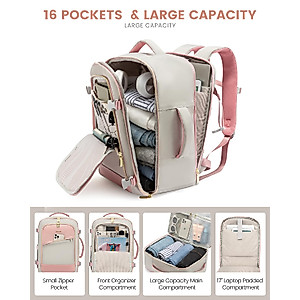 LOVEVOOK Travel Backpack for Women, 40L Carry on Backpack Fits 17 Inch Laptop, Airlines Approved Personal Item Bag, Waterproof Weekender College Business Bags with 3 Packing Cubes, Grey-Pink