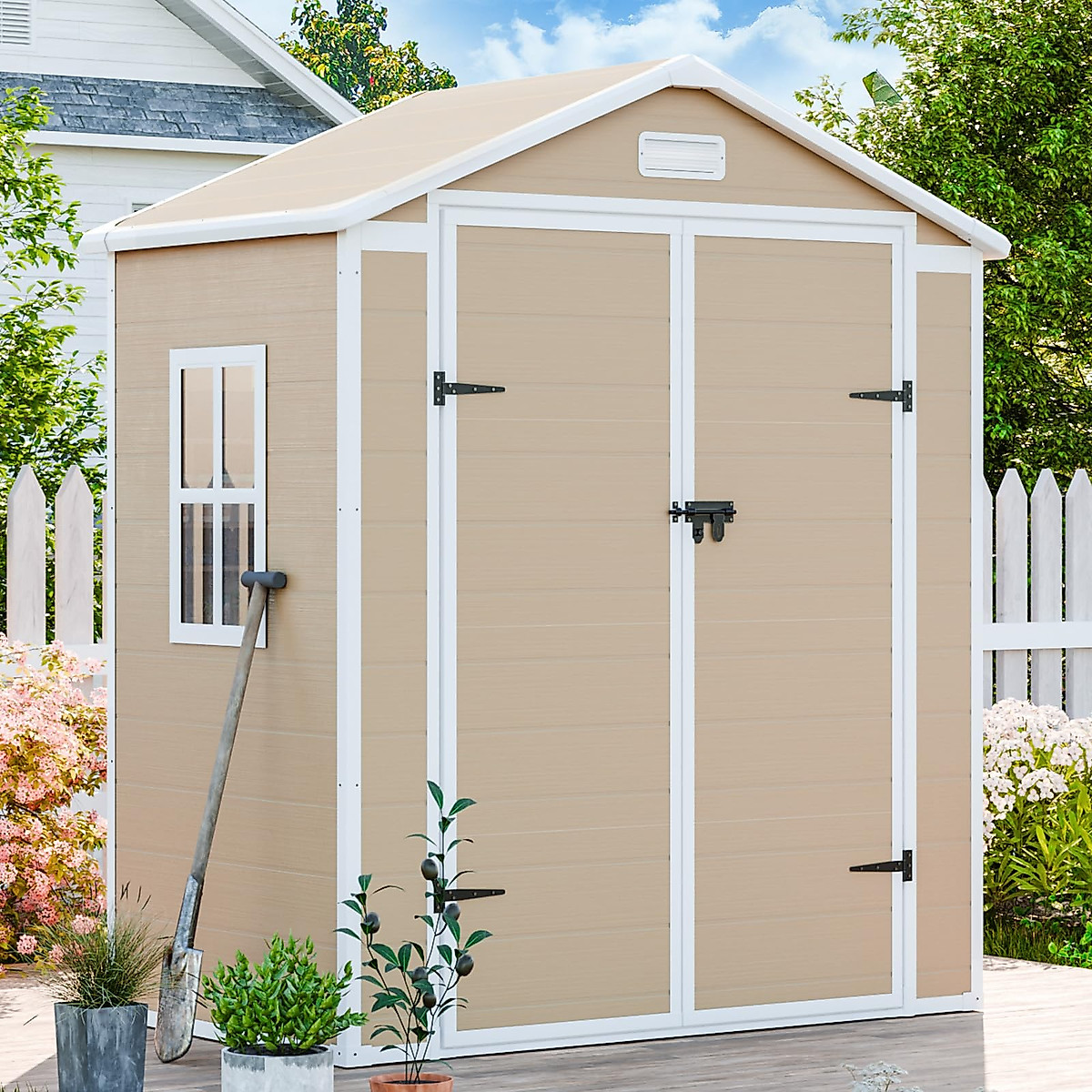 CDCASA 6x3 FT Storage Shed, Waterproof Resin Outdoor Storage Shed with Floor & Window & Double Lockable Doors and 2 Vents, Tool Shed for Bike, Garden, Backyard,Lawn, All Weather Use, Light Brown