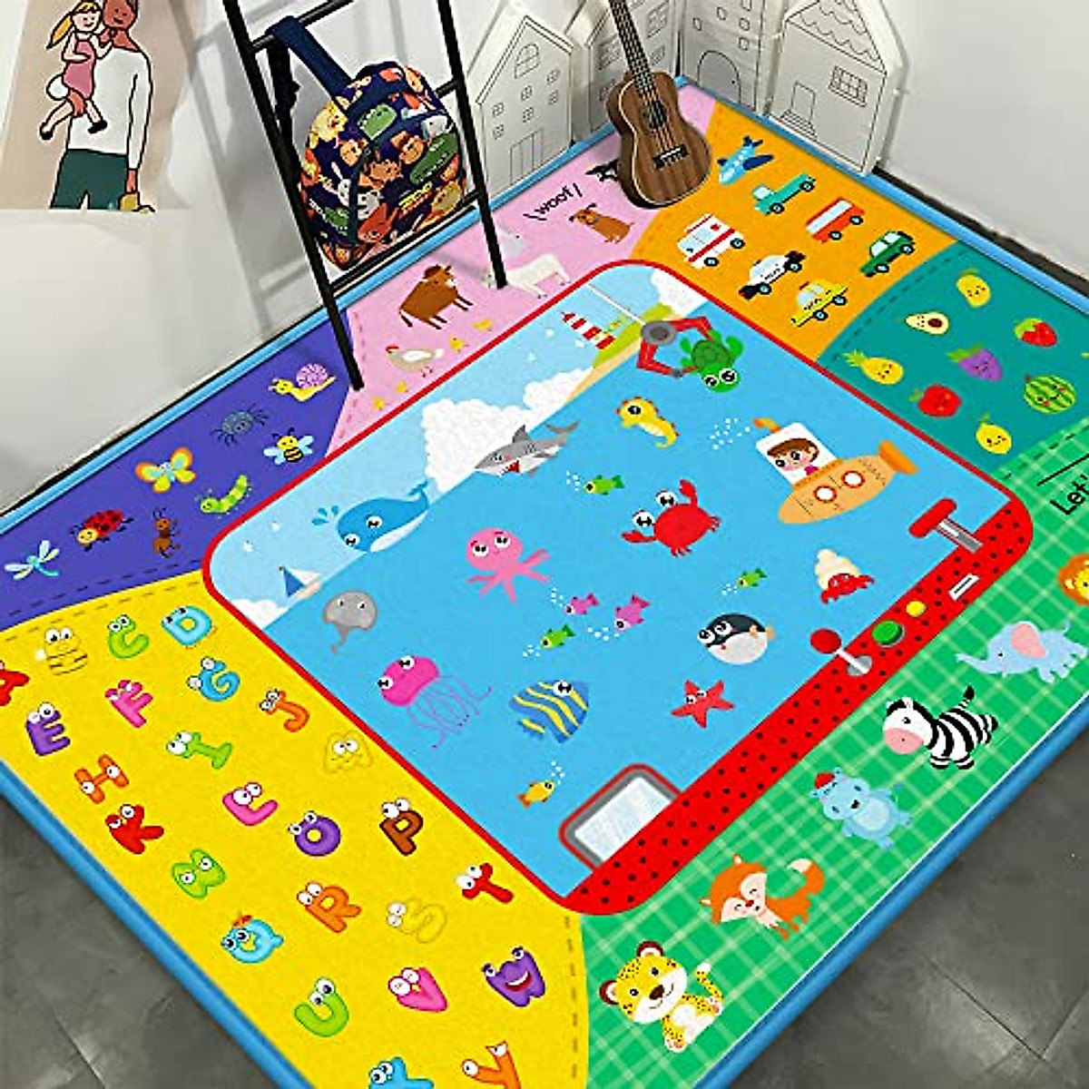Baby Crawling Mat,Baby Play Mat for Floor,Large Cotton Educational Tummy Time Mat, Foldable Non-Slip Super Soft Padded Baby Playmat for Playing Area Rug Gym Activity for Infants Toddlers Boys Girls