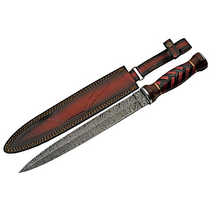 Szco Supplies 18.5" Red/Black Braided Wood Handle Damascus Steel Spear-Point Hunter's Knife