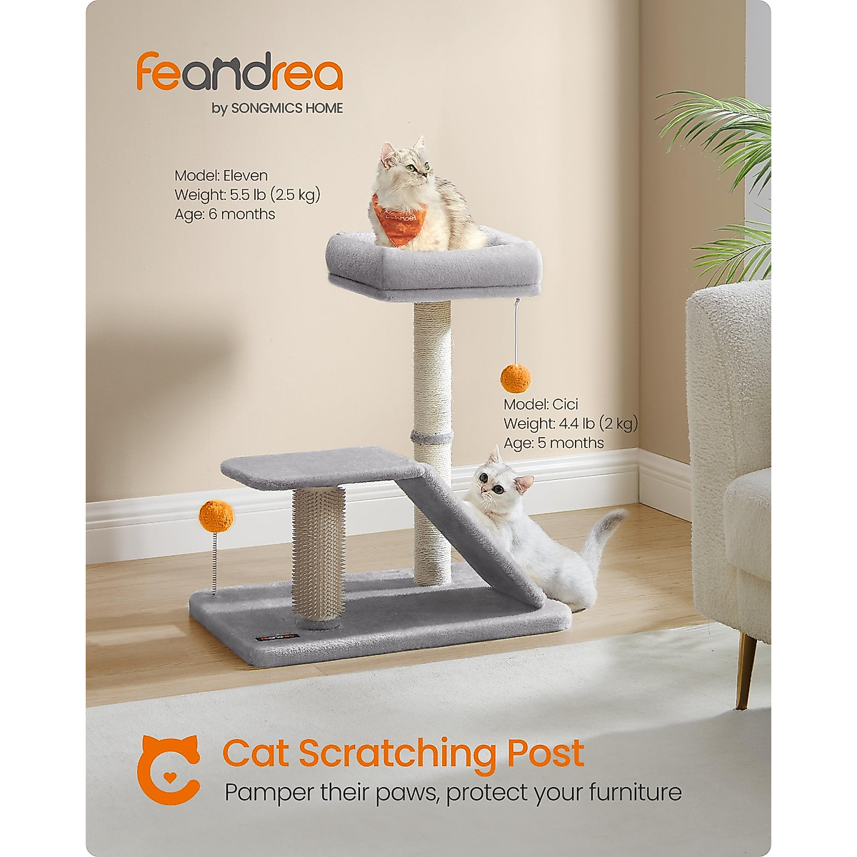 Feandrea Cat Scratching Post, Small Cat Tree Tower, Multifunctional Cat Scratcher with Self Groomer Brush, Rotatable Ramp, Pompoms, Cat Perch Bed for Indoor Cats, Light Gray UPCA024G01