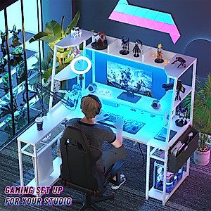 L Shaped Gaming Desk with Hutch & Shelves, 47'' Gaming Computer Desk with LED Lights & Power Strips, Reversible PC Gaming Desk L Shape with Storage, L Desk for Gaming with Monitor Stand, White
