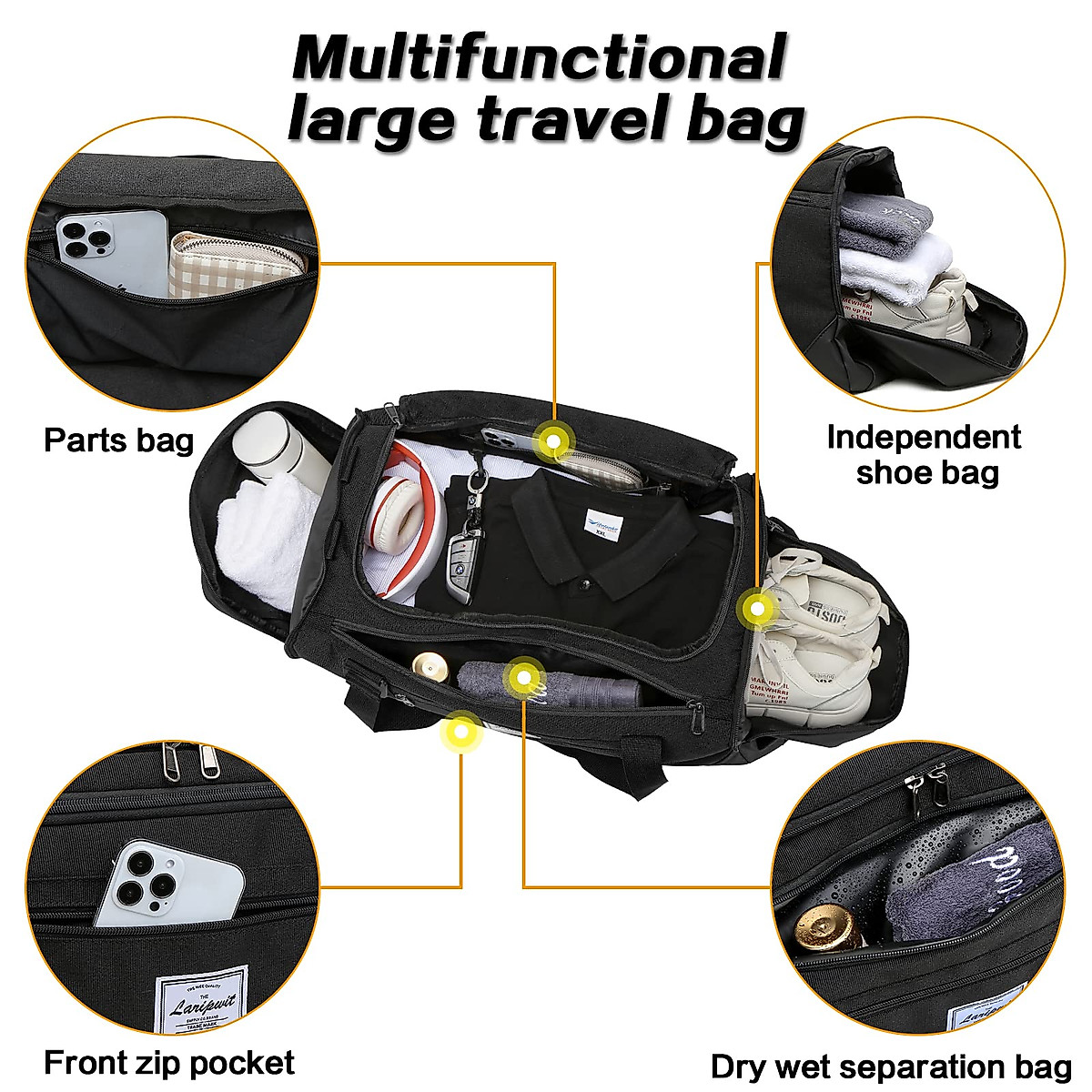 Laripwit Travel Duffle Bag for men 40L Medium Sports Gym Bag with Wet Pocket & Shoes Compartment Weekender Overnight Backpack for Traveling Duffel Bag Backpack for Women, Black