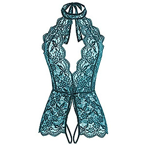 Women One Piece Lingerie Lace Baby Dolls Teddy Deep V neck Halter Bodysuit Chemise Sleepwear (Dark turquoise, L)