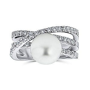 Bling Jewelry CZ Criss Cross Simulated Pearl Cocktail Ring Rhodium Plated,Size:7