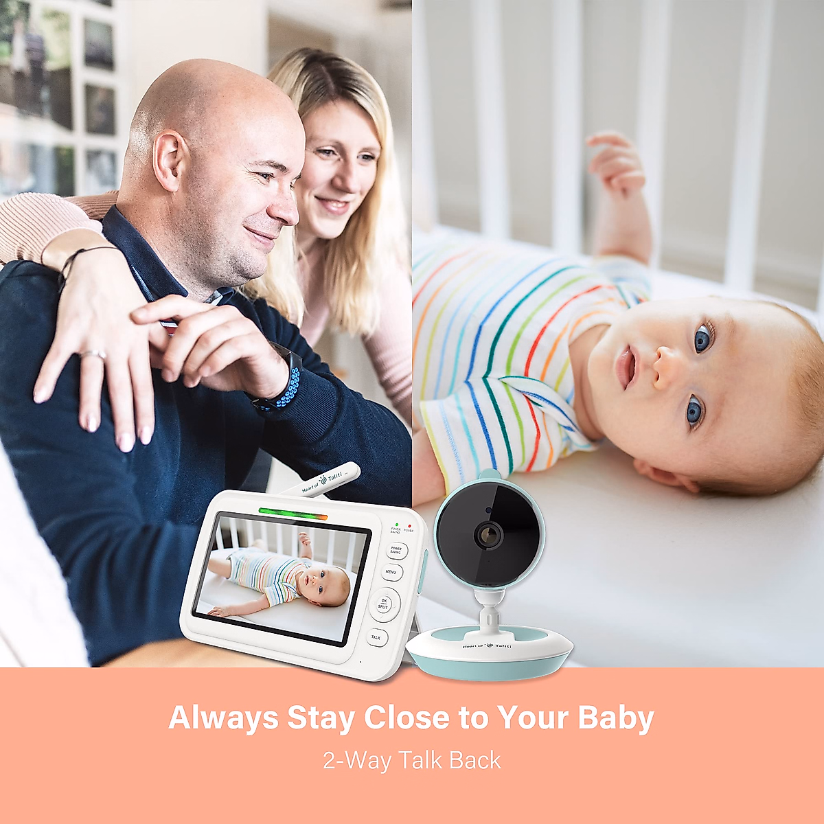 Heart of Tafiti 5" HD Baby Monitor, 720P Night Vision, No WiFi, Low EMF, Auto Noise Reduce, Quad View, VOX/Voice Activation, Long Battery Life, 1000ft Range, Aqua 50.