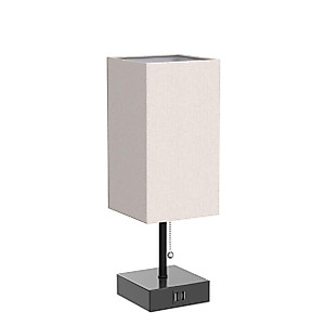 GGOYING Bedside Table Lamp, Pull Chain Table Lamp with 2 USB Charging Ports, 2700K LED Bulb, Fabric Linen Lampshade, Nightstand Lamp for Livingroom Bedroom Office Reading Working