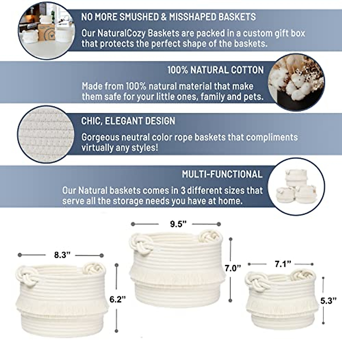 NaturalCozy 3-Piece Decorative Storage Basket Set – Cotton Rope Woven Baskets for Organizing! Small Basket for Nursery Baby Stuff, Gift Basket, Montessori, Dog Toy Bin, Cat Basket, Bathroom Shelves