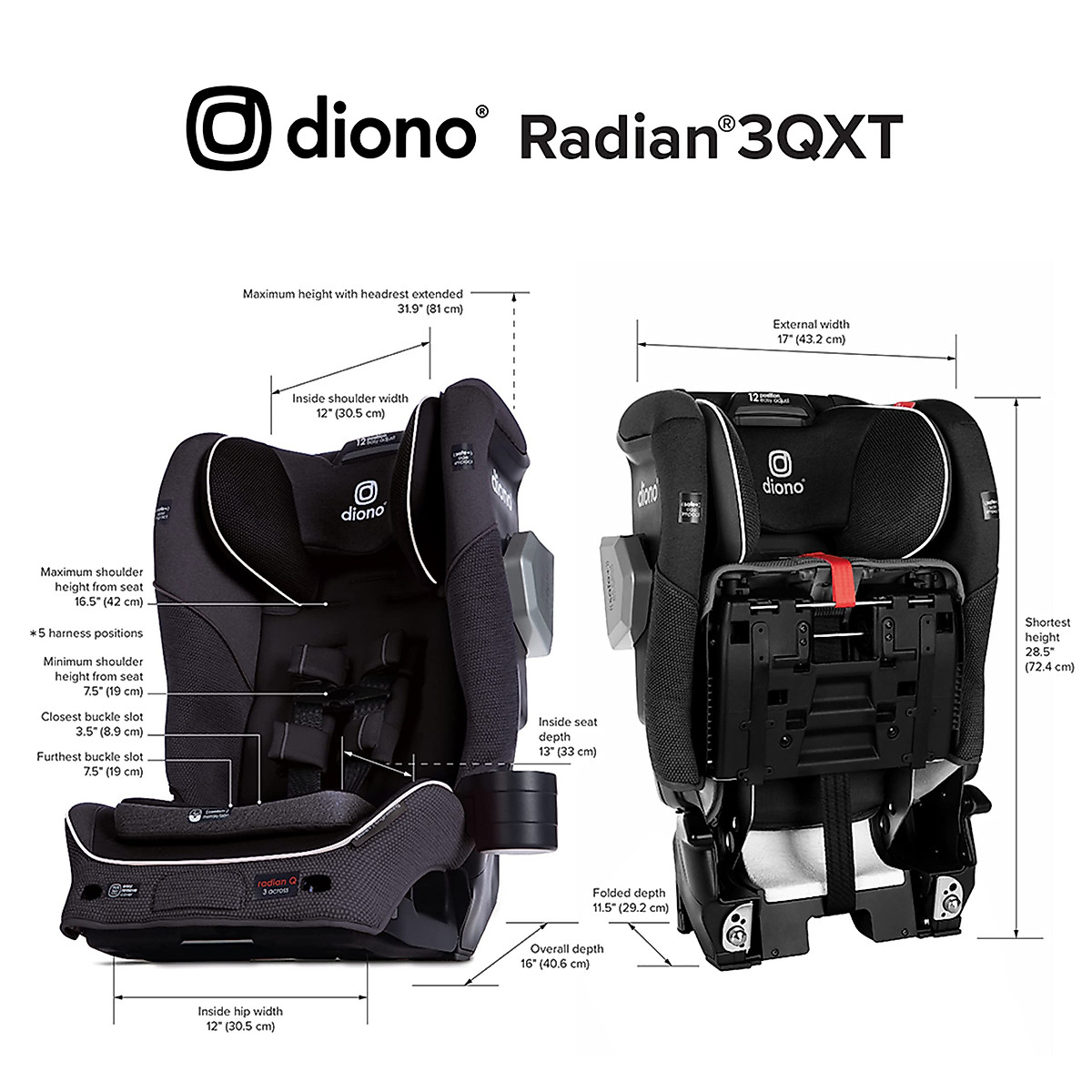 Diono Radian 3QXT 4-in-1 Rear and Forward Facing Convertible Car Seat, Safe Plus Engineering, 4 Stage Infant Protection, 10 Years 1 Car Seat, Slim Fit 3 Across, Jet Black