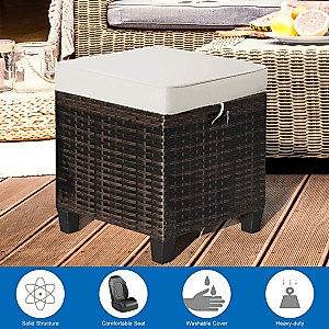 DORTALA 2 Piece Patio Wicker Ottomans, 2 in 1 Outdoor PE Rattan Side Table & Footstool Foot Rest with Cushions for Couch, Chair, Brown