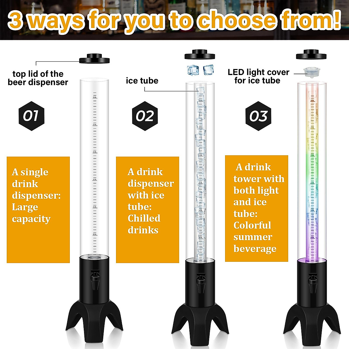 2 Pack Beer Dispenser 3 Liter/ 100oz Beverage Tower Dispenser Clear Tabletop Liquor Juice Margarita Drink Tower Dispenser with Removable Ice Tube and LED Light for Home Bar Party Outdoor