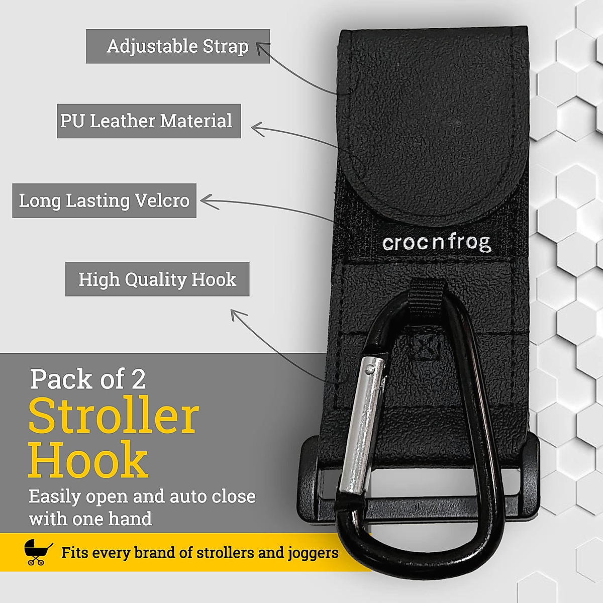 Stroller Hook - Faux Leather Style Stroller Hooks for Hanging Purse, Diaper Bags | Strong and Large Stroller Clips - Perfect Stroller Organizer for Baby Shower Favors or Gifts - Pack of 2