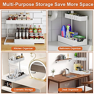 Under Kitchen Sink Organizers and Storage L-Shape Easy Assembly,Under Sink Organizer Kitchen Durable Pull-Out with Sliding Drawer,Bathroom Sink Organizer Large Capacity with Hooks,2 Pack,White