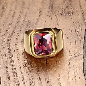 PMTIER Men's Stainless Steel Simple Gold Plated Ring with Square Red Gem Stone Size 10