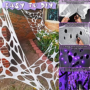 Beef Netting Spider Web for Halloween Outdoor Decoration White Stretchy Beef Netting Roll Spider Web with Purple LED String Lights for Light Up Scary Halloween Yard Garden Decorations