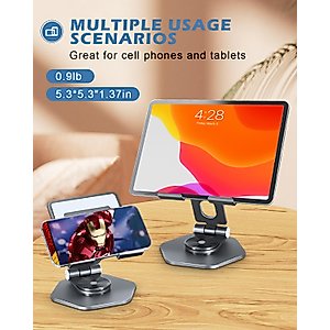 SOJUNER Tablet Stand Holder for Desk, Swivel iPad Stand with 360 Rotating Base, Aluminum Foldable Desktop Stand Holder Compatible with All Tablet Such as iPad Pro 12.9,11,10.5,9.7, Grey