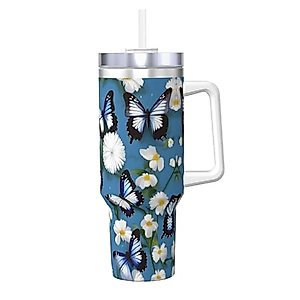 HULIBIN Blue Butterflies White Flowers Print Double Deck Stainless Steel Travel Coffee Cup With Lid 40 Oz Ice Bully Cup