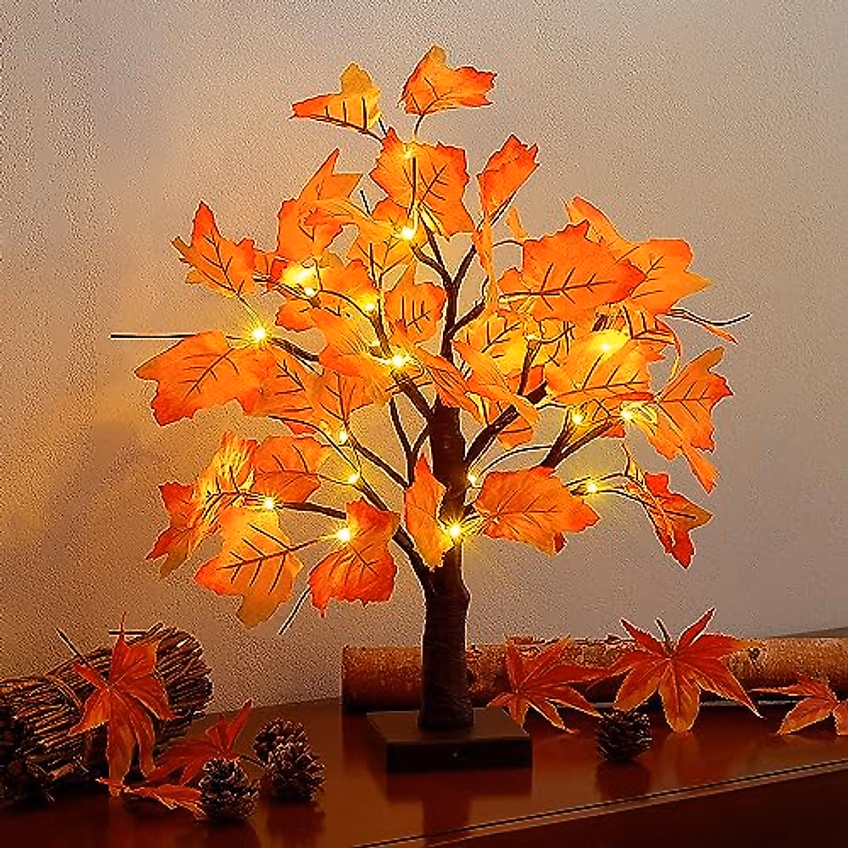 Woohaha 24LED Fall Tree Lighted Maple Tree,Thanksgiving Decoration Maple Leaf Table Tree,Timer Battery Operate Fall Decor Lights for Indoor Outdoor Holiday Autumn Harvest Xmas Party Home Decor