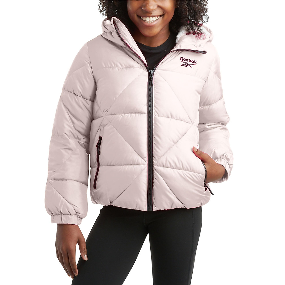 Reebok Girls' Winter Coat - Heavyweight Quilted Sherpa Fur Lined Cropped Puffer Parka - Casual Jacket for Girls (4-16), Size 10-12, Blush