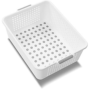 Madesmart Plastic Multipurpose Storage Basket with Handles, Portable Under Sink and Cabinet Organizer Storage Bin, Medium, White