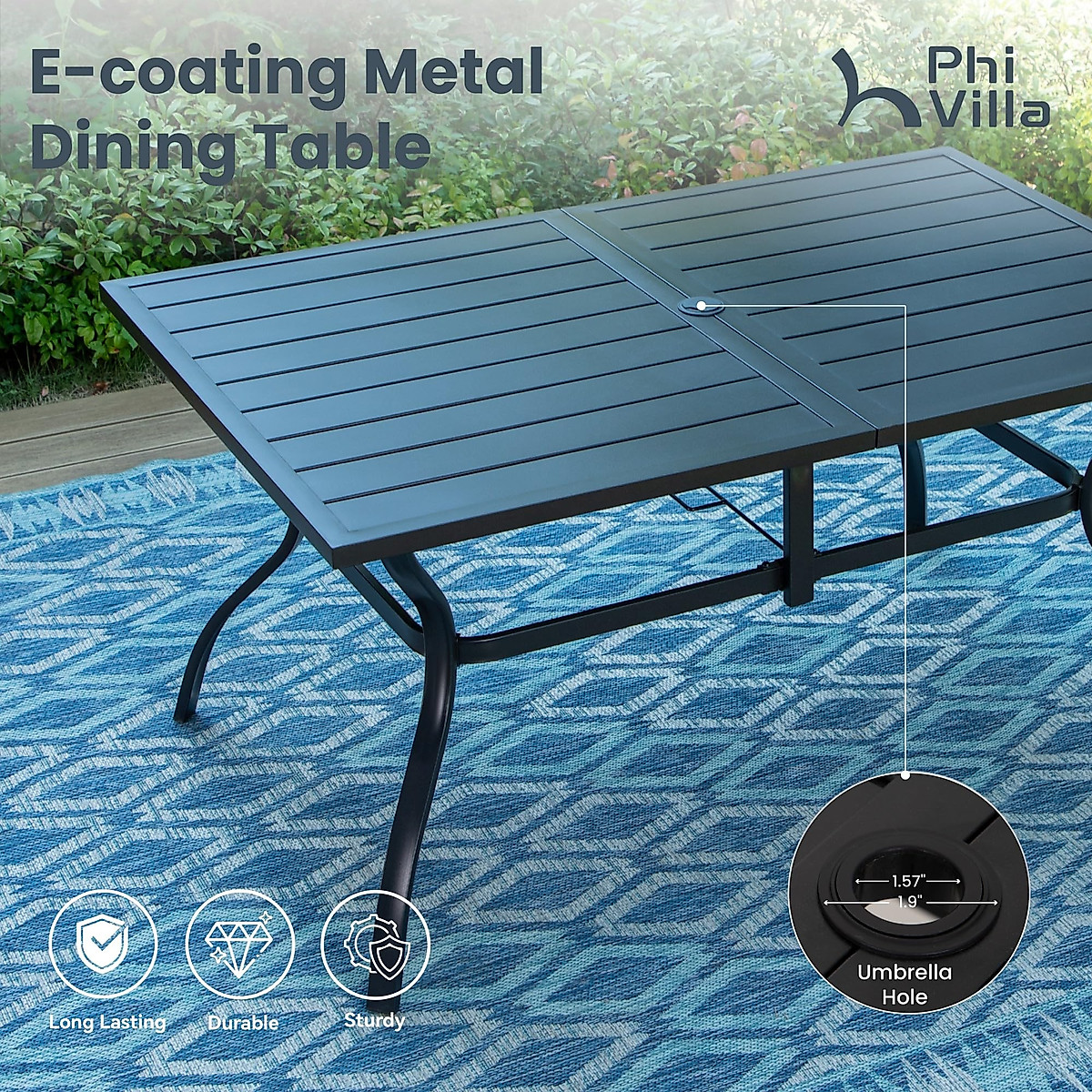 PHI VILLA 7 Piece Outdoor Patio Dining Set, Large Metal Table (1.57'' Umbrella Hole) and 6 Swivel Dining Chairs with Textilene Mesh Fabric, All Weather Patio Furniture Set for Deck Lawn Garden (Blue)