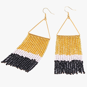 Handmade Beaded Tassel Earrings - Statement Seed Bead Earrings, Boho Beaded Fringe Drop Earrings for Women (TRIANGLE GOLD BLACK)