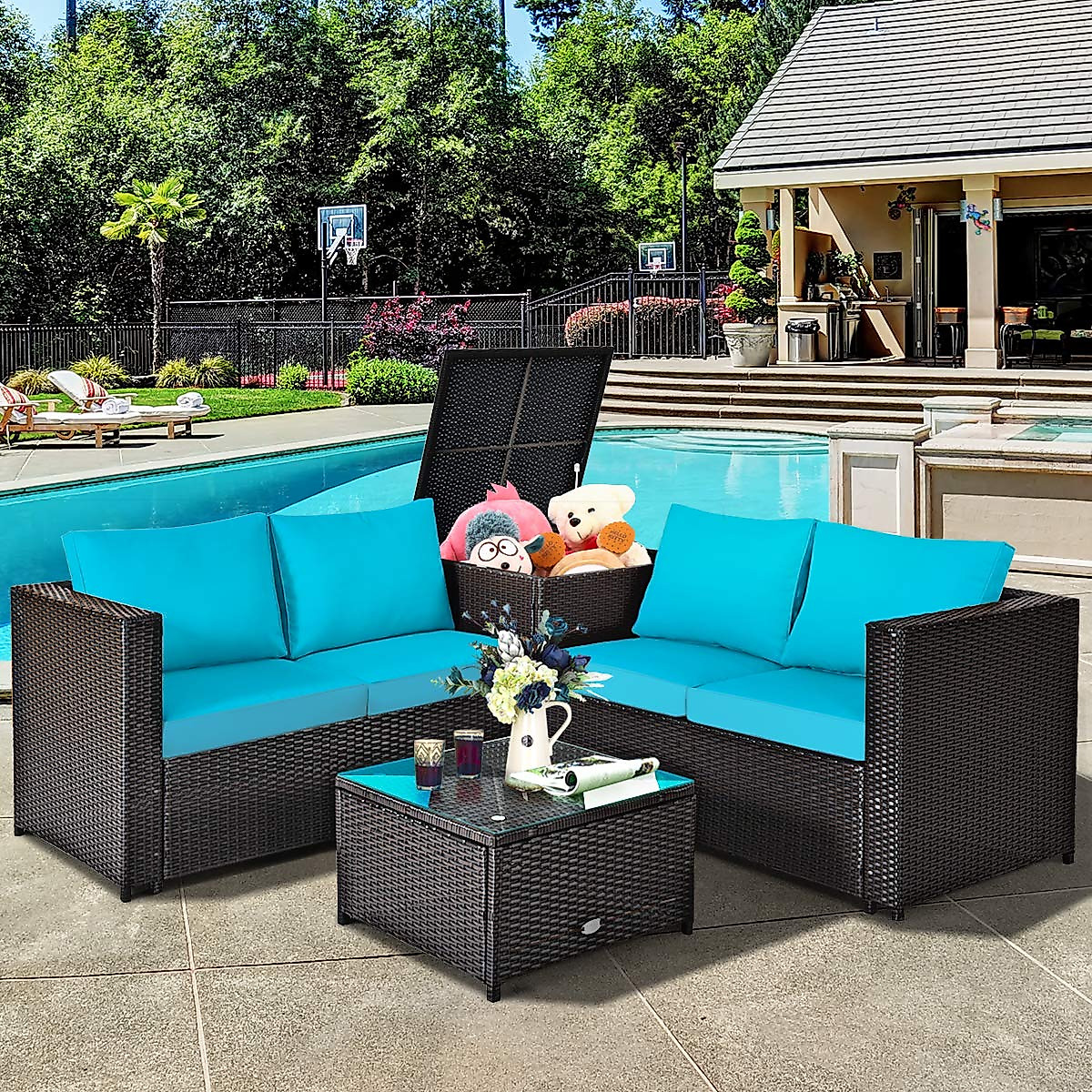 Tangkula 4 Piece Wicker Patio Set with Storage, All Weather-Proof Outdoor Conversation Set with Loveseat, Glass Top Coffee Table & Storage Box, Suitable for Garden, Poolside, Sunroom (1, Turquoise)