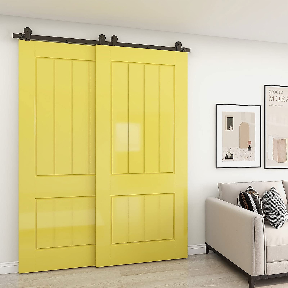 LQKUMJG 6.6FT Bypass Sliding Barn Door Hardware Kit Upgraded Heavy Duty Single Track for Double Doors, Fit 1 3/16" - 1 9/16" Thickness Door Panel, Black (T-Shaped Hanger)