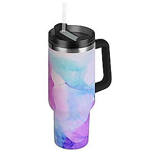 Yasala Car Tumbler with Handle Fantasy Marble Art Pinks Purples Travel Mug Coffee Cup Insulated Beverage Container Mega Cup for Hot Cold Drinking Thermos Water Bottle Cupholder Friendly 40 oz