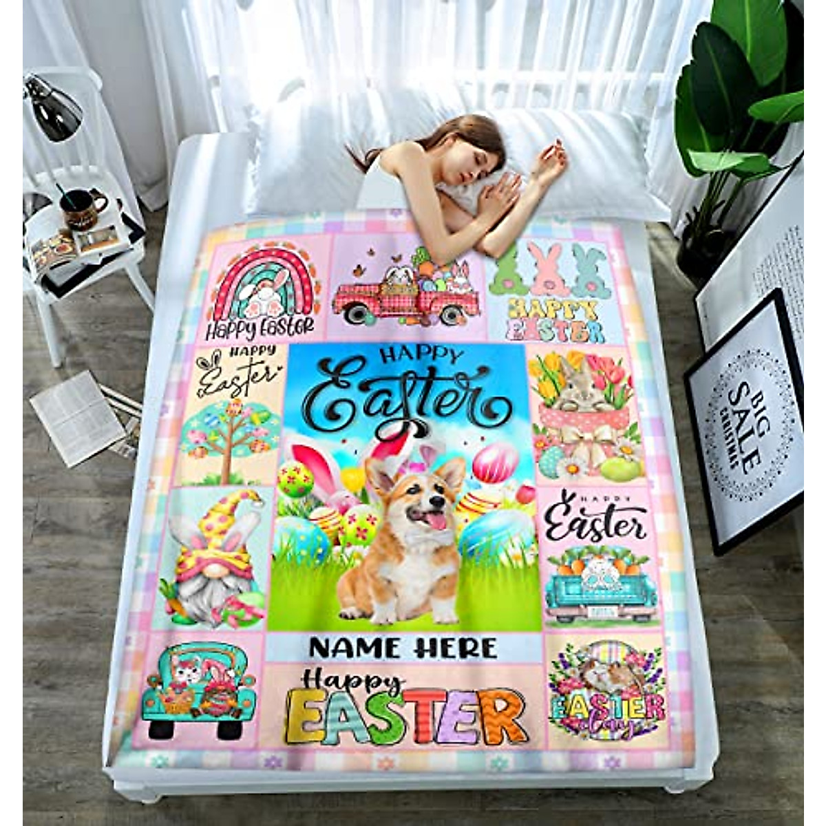 PREZZY Happy Easter Dog Blanket Cute Pembroke Welsh Corgi Rabbit Throw Blanket Custom Gifts for Dog Lover Pascha Spring Floral Holiday Thanksgiving Decoration for Sofa Couch Bed Living Room